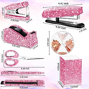 10 Pcs Bling Office Accessories for Desk Bling Crystal Office Supplies Set Desk Accessory Kit Glitter Stapler Staple Remover Tape Dispenser Diamond Pen Scissors for Women Office Home Desk (Pink)