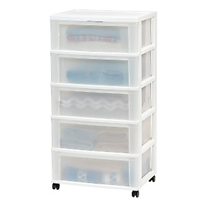 IRIS USA Plastic 5 Drawer Wide Storage Drawer Cart with 4 Caster Wheels for Home, Closet, Bedroom, Bathroom, Office, Laundry, Kitchen, Craft Room, Nursery and School Dorm, White, Set of 1