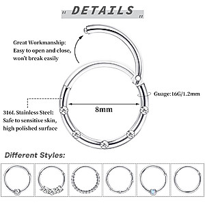 FIBO STEEL Cartilage Hoop Earrings for Men Women Stainless Steel CBR Hinged Clicker Nose Ring Helix Septum Couch Daith Lip Tragus Piercing Sleeper Earrings Jewelry Set Silver 18G 8MM