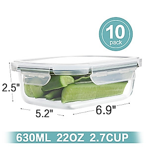 HOMBERKING 10 Pack Glass Meal Prep Containers, Glass Food Storage Containers with Lids, Airtight Glass Lunch Bento Boxes, BPA-Free & Leak Proof (10 lids & 10 Containers) - White