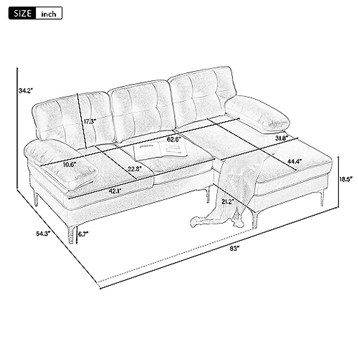 P PURLOVE Modern 3 Seater Sectional Sofa, L Shape Sofa with Comfortable Soft Back and Armrest, Modern Luxury Velvet Couch with Strong Metal Legs for Living Room Bedroom (Yellow)