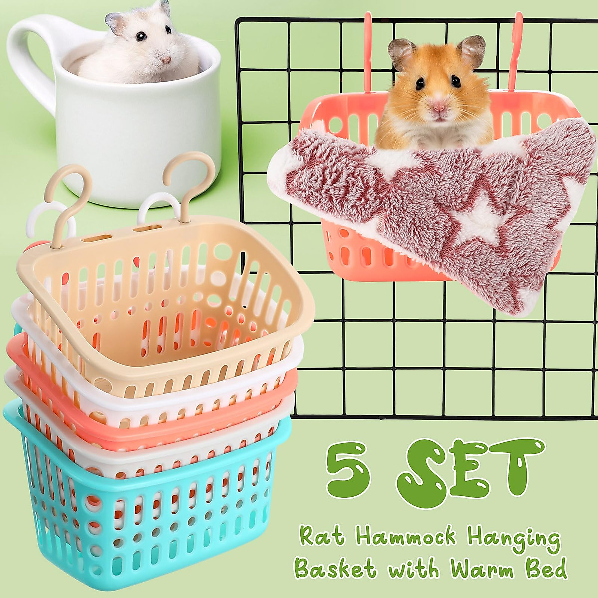 Geetery 5 Set Rat Hammock for Cage Chew Proof Rat Toys Warm Bed, Small Animal Hanging Basket Ferret Cage Accessories and Habitats Removable Nest Mat for Hamster, Sugar Glider, Hedgehog (Paw, Star)
