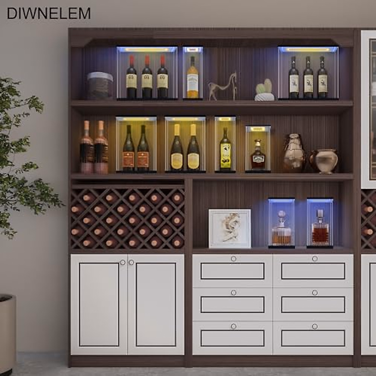 DIWNELEM Acrylic Wine Bottle Display Case with LED Light Display Stand Wine Display Case Protector Dustproof for Red Wine,Champagne,Liquor,Whiskey,Beer,Beverage Bottle (5 * 5 * 14.2")