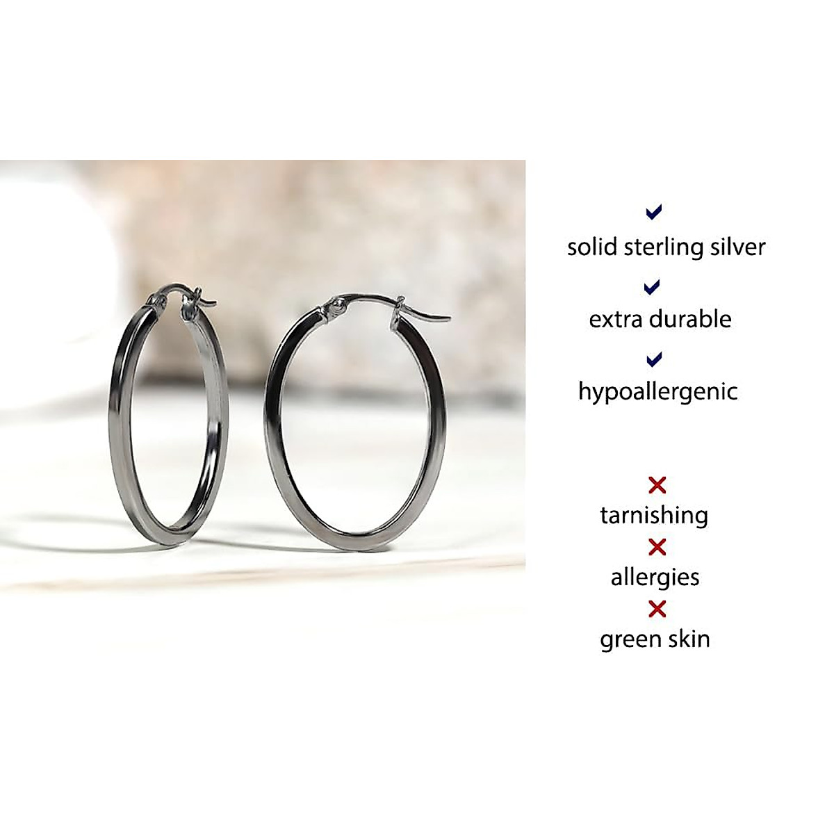 Black Flashed Sterling Silver 2mm Oval Square-Tube Hoop Earrings, 20mm