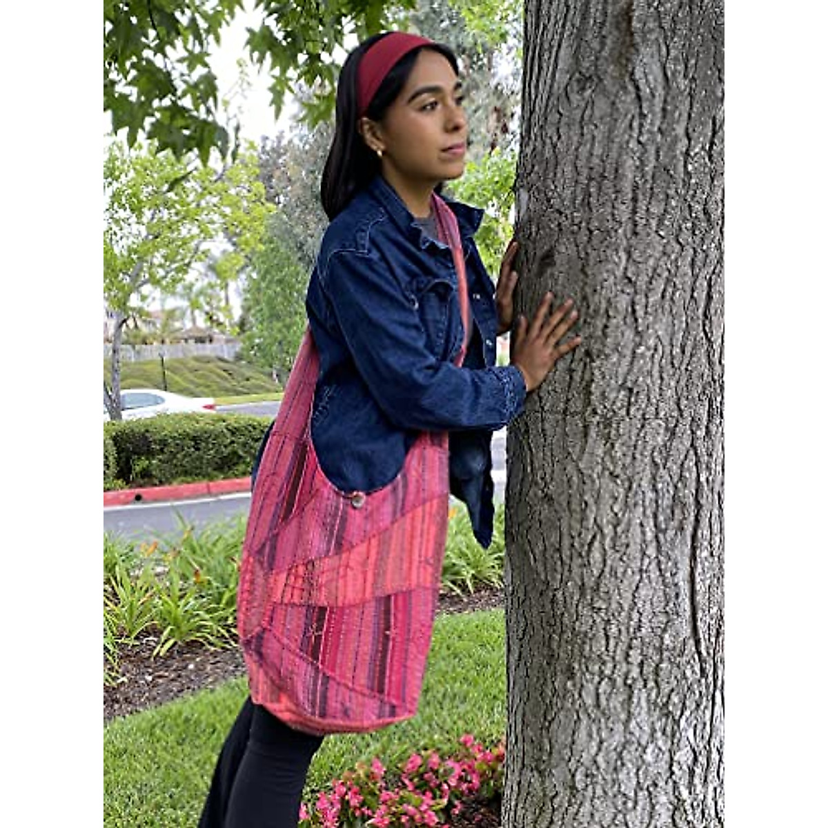 Pink Embroidered Peace and Sunrise Sling Crossbody Purse Boho Handbag Large