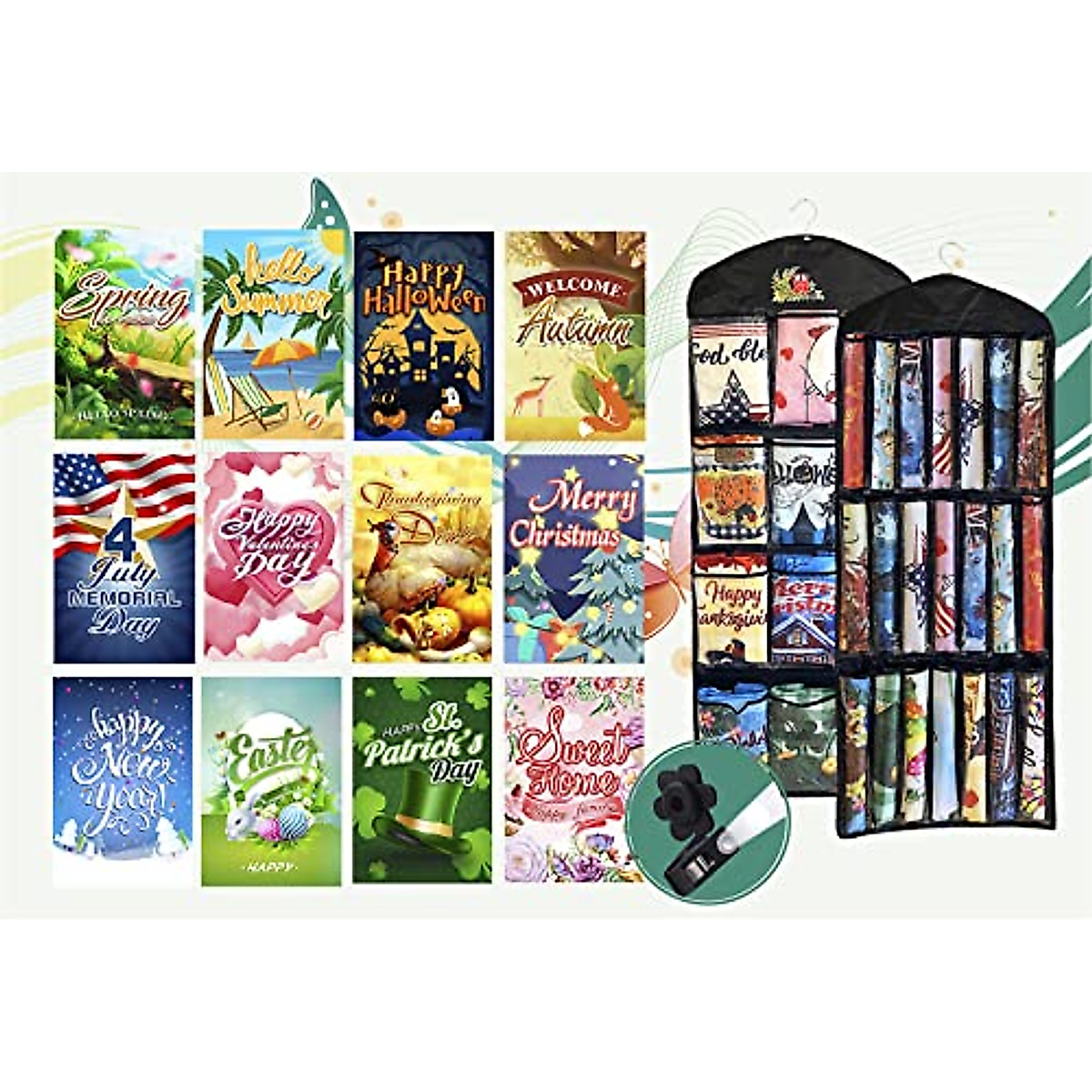 Seasonal Garden Flags Set Of 12 And Garden Flag Organizer, 12 x 18 inch Double Sided Yard Flags, 21 Pockets Of Flag Organizer. Puncture Resistant, Strong Metal Hook, Organizer Easy To See Through