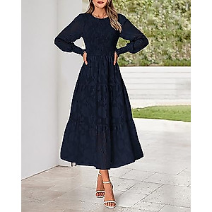 BTFBM Casual Women's 2023 Fall Dresses Elegant Wedding Guest Dress Long Sleeve Floral Midi Dress Flowy Bohemian Long Dress(Navy,Large)