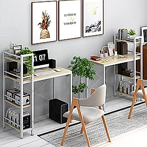 4NM 35" Small Computer Desk with 4-Tier Bookshelf, Home Office Desk Writing Workstation Study Table Multipurpose for Small Space Work - Natural and White