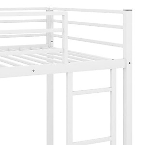 ZJIAH Metal Bunk Bed Twin Over Twin, Low Bunk Bed Frame with Ladder & Guardrail for Teens Adults Dormitory Bedroom, Heavy Duty Metal Bed Frame, Easy Assembly, No Box Spring Required, White