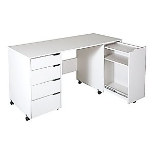 South Shore Crea Craft Table on Wheels with Sliding Shelf, Storage Drawers and Scratchproof Surface, Pure White