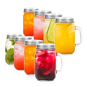 Simple Elements Mason Jar with Handle and Lid with Straw Hole - Mason Jars for beverages, drinks, liquor, juice or water - 3"W x 5.5"H - 12 oz - Set of 8