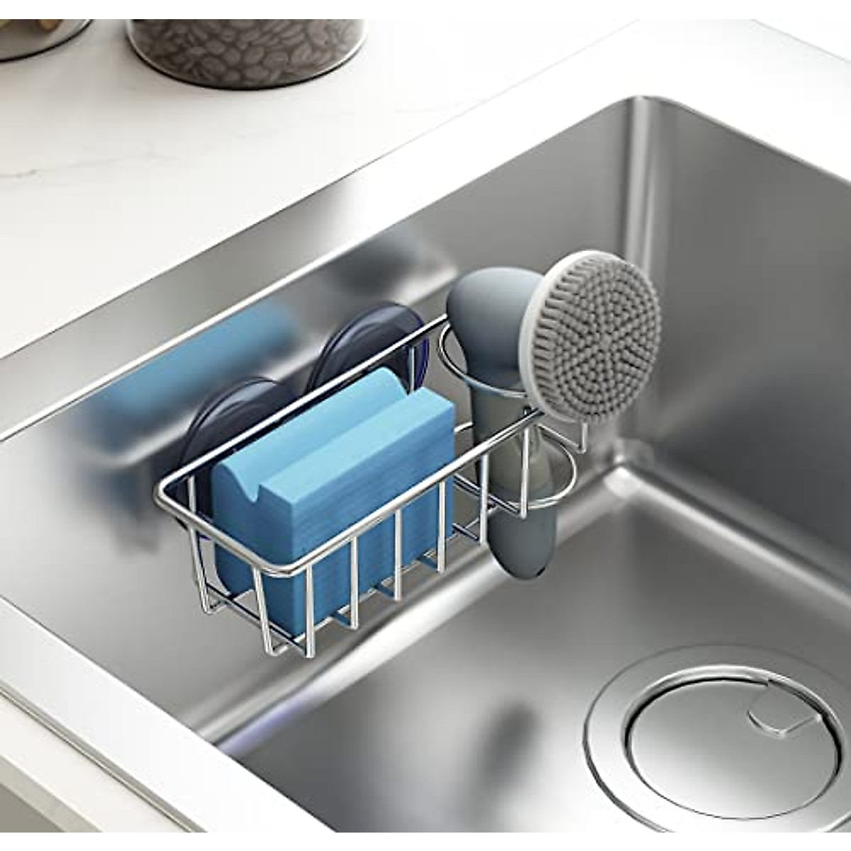 TESOT Sink Caddy Sponge Holder Brush Holder 2 in 1 with Upgraded Suction Cups or Using Adhesive Hooks, SUS304 Stainless Steel, Silver