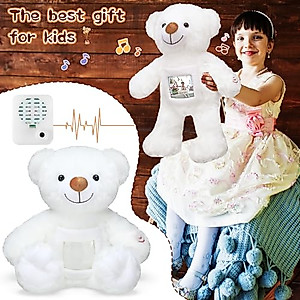 Leyndo Bear with Voice Recording Remembrance Stuffed Animal with Picture Recordable Messages Memorial Toy for Baby Shower Birthday Gift, Recording Gifts(White, 12 Inch)