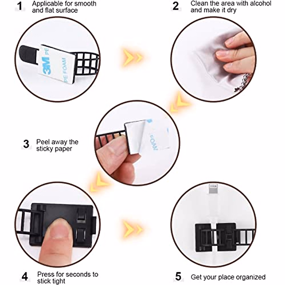 Cable Clips, 60 pcs Self Adhesive Cable Management Clips, Wire Clips with Strong Adhesive Tapes, Wire Organizer for Cable, Under Desk, Home, Office