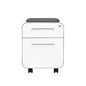 Laura Davidson Furniture STOCKPILE Mini Seated 2 Drawer Mobile File Cabinet with Removable Magnetic Cushion Seat - Short Version, Metal Filing Cabinet, Pre-Assembled, White with Grey Cushion