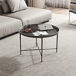 Yusong Coffee Table, Boho-Chic Hammered Metal Tray Coffee Table, Mahdavi Round Coffee Tea Table, Living Room Tables for Storage and Display, Brushed Silver