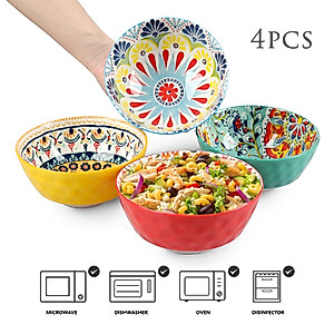 HSOFBLUES Soup Bowls 24 oz Ceramic Floral Bowl Set of 4 for Soup Salad Ramen Rice, Assorted Vibrant Colors Microwave Dishwasher Safe