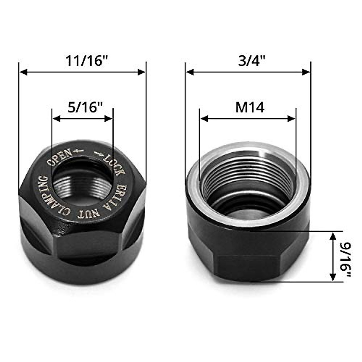QWORK ER11 A Collet Clamping Nuts for CNC Milling Chuck Holder Lathe, 4 Pack (Black), M14 Thread