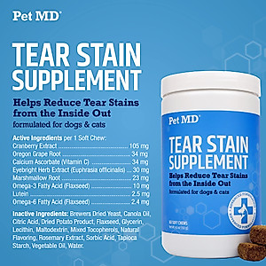 Pet MD Tear Stain Remover for Dogs & Cats - Antioxidant Eye Care Supplement with Lutein, Cranberry, & Omega 3 & 6 - Cat & Dog Tear Stain Remover Chews for White & Light Fur - 60 ct