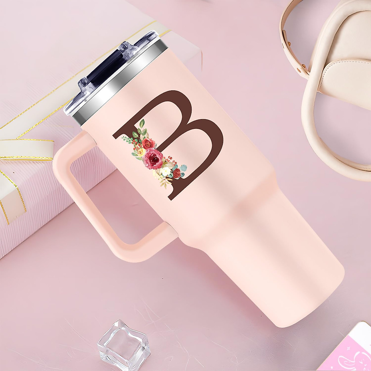 Monogrammed 40oz Tumbler with Handle for Women, Personalized Birthday Gifts for Women,Initial Cups for Girl Floral Letter B,Customized Gifts for Woman Lady Gift for Mothers Day Christmas