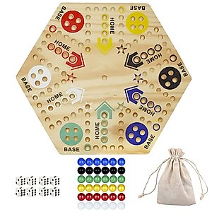 MUCITAGF Original Marble Game Wahoo Board Game 16-Inch Double Side Painted Wooden Fast Track Board Game for 6 Player and 4 Player, 6 Colors 36 Glass Marbles 8 Dice for Family Game Night, Friends Party