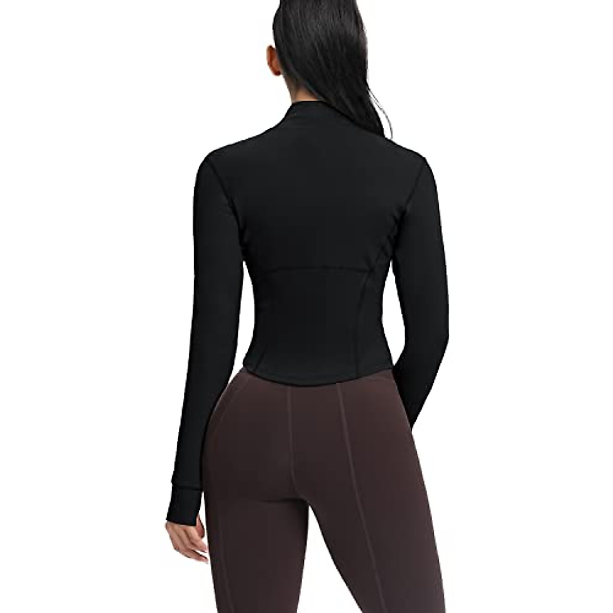 AVGO Women's Cropped Running Workout Jackets Zip Slim Fit Athletic Tops with Thumb Holes(Black, S)