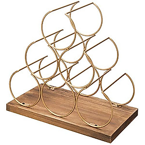 MyGift Contemporary Tabletop Wine Rack, Brass Metal Wire & Burnt Wood 6-Bottle Wine Holder