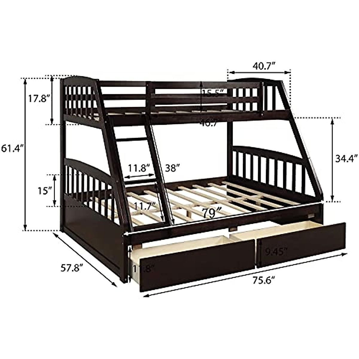 STP-Y Bunk Bed, Bunk Bed Junior Similitude Twin-Over-Full Bed Solid Wood with Two Storage Drawers Similitude Bunk Bed Heavy Duty Bed with Ladder and Guard Rail Space-Saving Design Detachable Low Bed