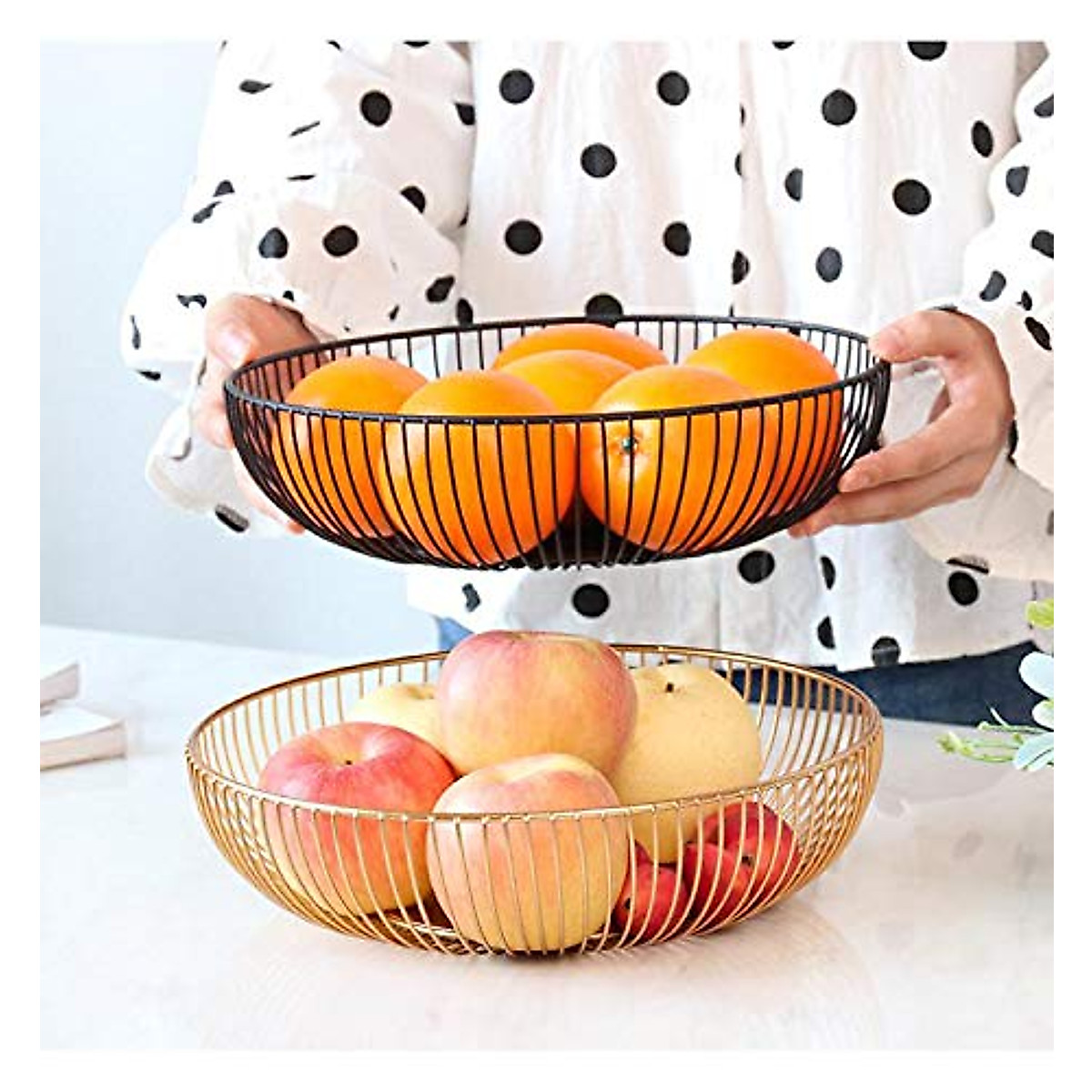 Cq acrylic Metal Wire Fruit Basket,Large Round Storage Baskets for Bread,Metal Wire Bread Fruit Bowl Vegetable Stand Holder for Snacks,Modern Fruit Bowl Decorate Kitchen Counter,Black