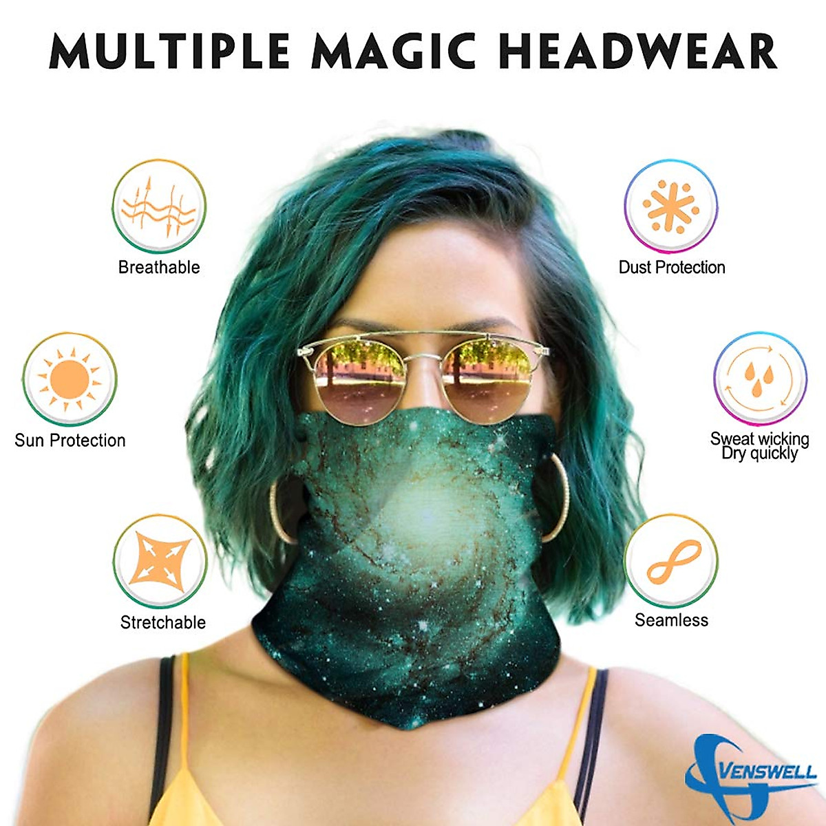 Venswell Neck Gaiter Face Mask Men Women,Seamless Bandana Rave Face Cover Scarf Mask,Balaclava,Headband, Head Wrap,Headwear