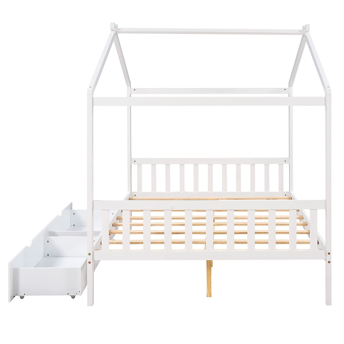 Full Size House Bed for Kids, Montessori Bed, Solid Wood Full Platform Bed Frame with 2 Storage Drawers, Headboard and Footboard, Full Storage Bed for Kids, Teens, Girls & Boys (Full, White)