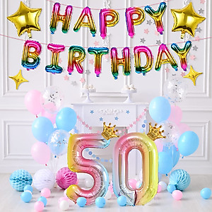 18Pcs Gradient Happy Birthday Balloons Banner, 16 Inch Mylar Foil Letters Birthday Sign Banner Gradient Happy Birthday Party decorations for Girls Kids Baby Shower Party Supplies (50th)