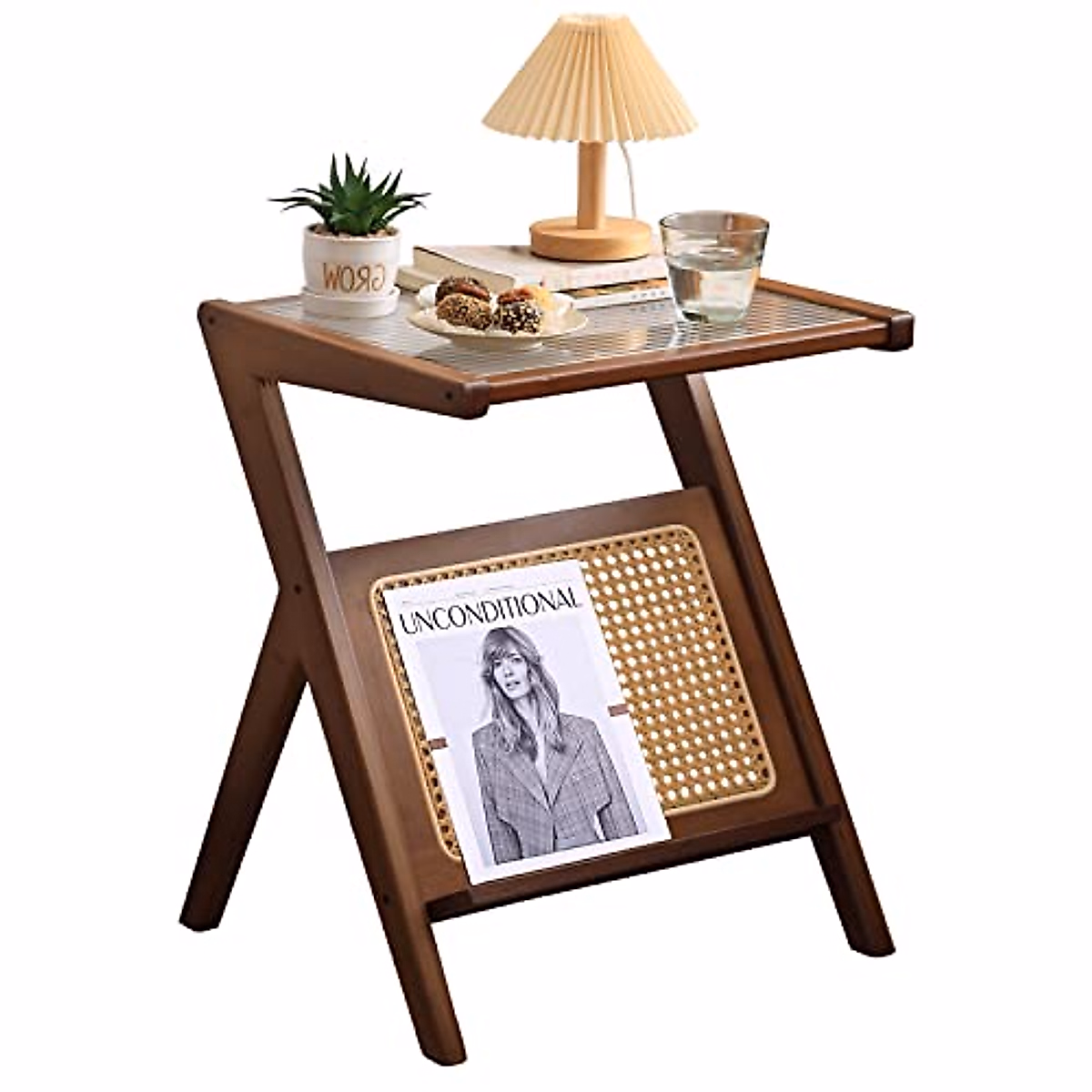 Tiita Rattan Nightstand Side Table, Bamboo Accent Bedside Tables, Glass Coffee Tables, Boho Wooden End Table with Storage for Small Space, Living Room and Bedroom