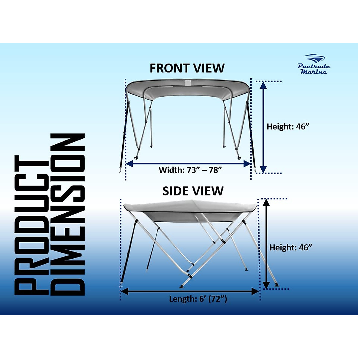 Pactrade Marine Boat 3 Bow Big Bimini Top Canopy Cover UV Waterproof Grey Canvas 600D Oxford Fabric PU Coating Aluminum Poles Straps