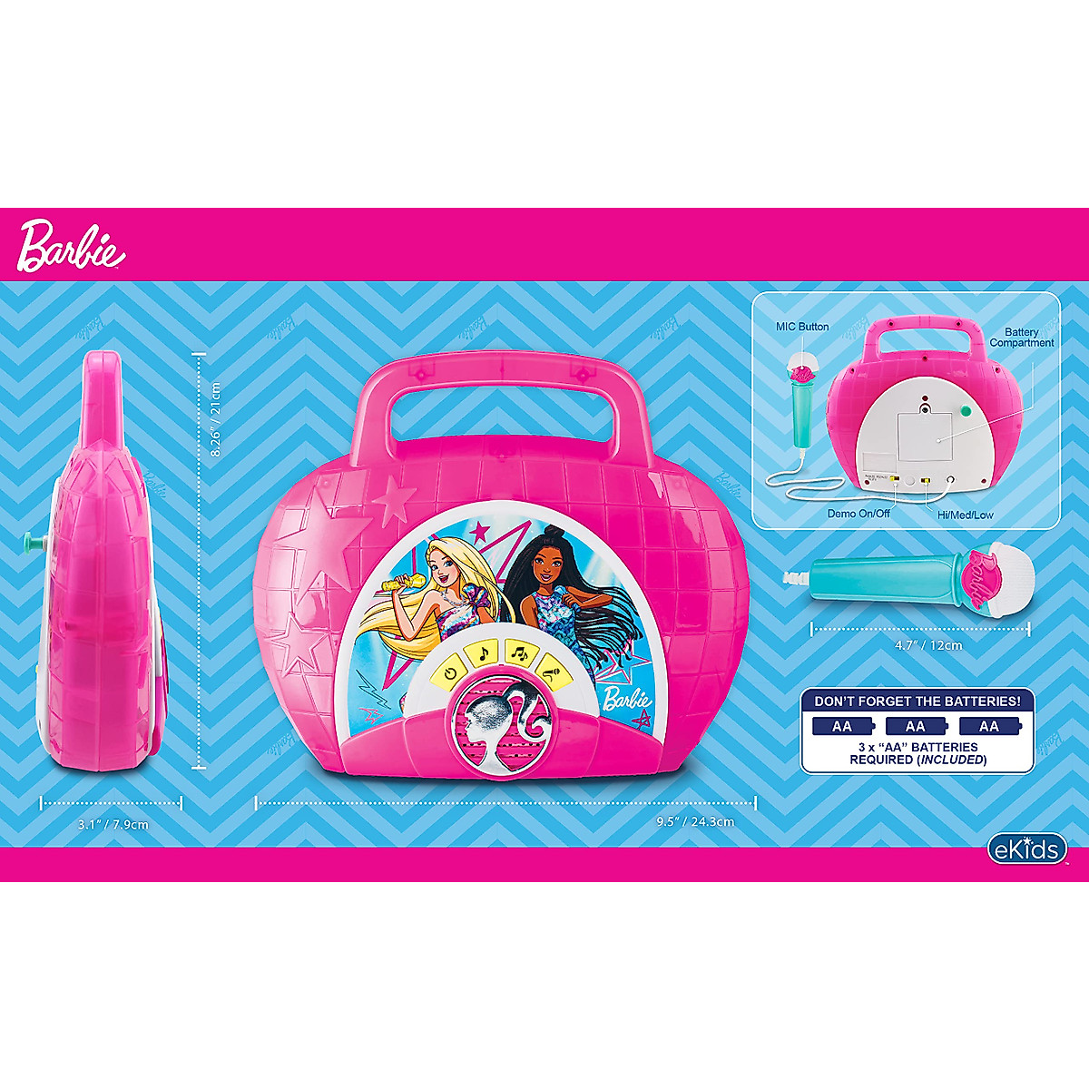 eKids Barbie Sing Along Boom Box Speaker with Microphone for Fans of Barbie Toys, Kids Karaoke Machine with Built in Music and Flashing Lights