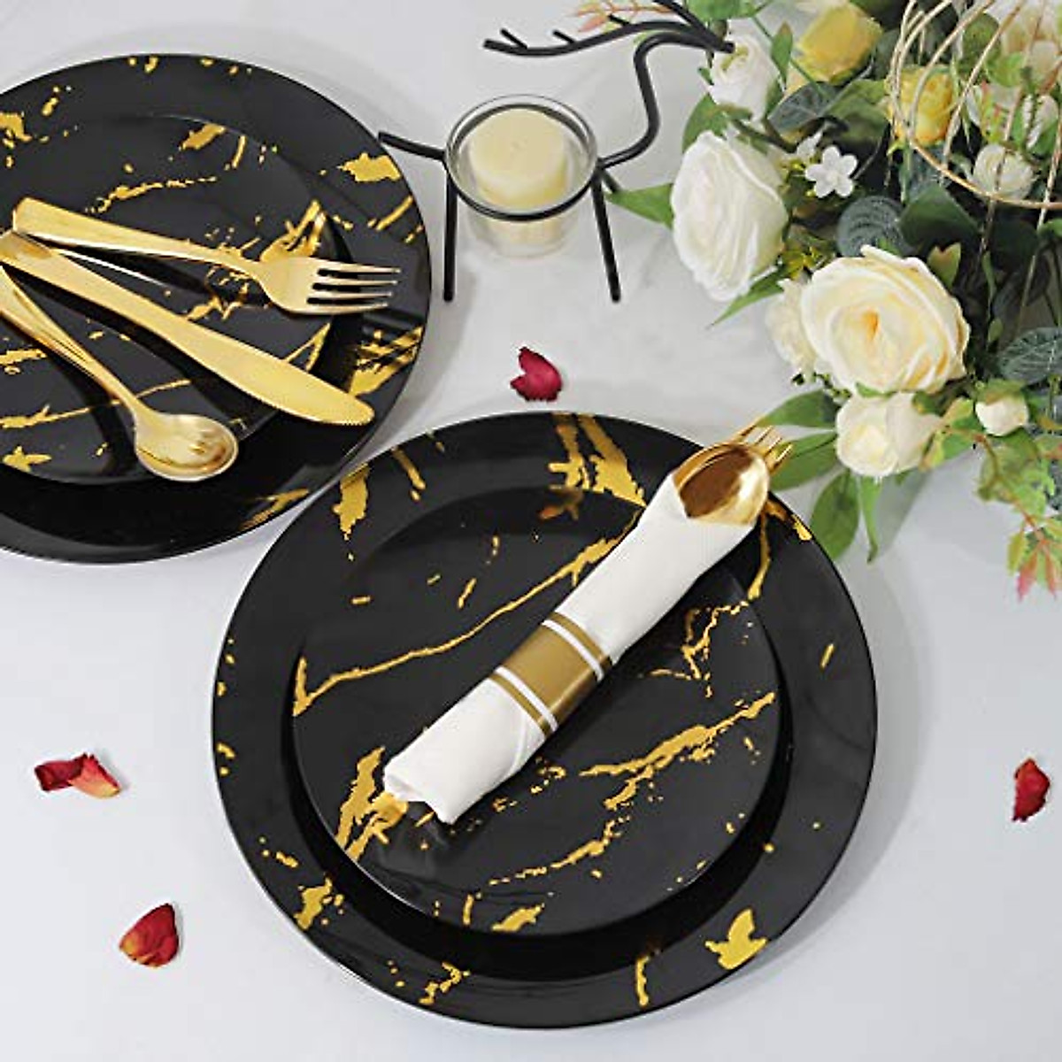 BUCLA 30Guests New Year Plates - Black And Gold Plastic Plates With Disposable Prewrapped Silverware Bulk And Gold Cups- Marble Design Disposable Plastic Dinnerware-Ideal For Thanksgiving and New Year