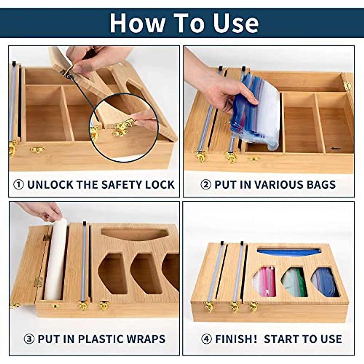 lesolar Foil and Plastic Wrap Organizer,Plastic Wrap Dispenser with Cutter and Ziplock Bag organizer,kitchen drawer organizer,Wall Mounted 6 in 1 Bamboo Ziplock Bag Storage Organizer for Gallon, Quart, Sandwich,Snack,Cling Film,Wax and Aluminum Foil