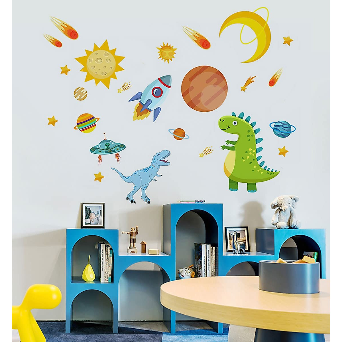 Dinosaur Outer Space Wall Decals, Dino Rocket Spaceship Decor Animal Planet Solar System Wall Sticker for Kid’s Bedroom Nursery Playroom Classroom Wall Decor