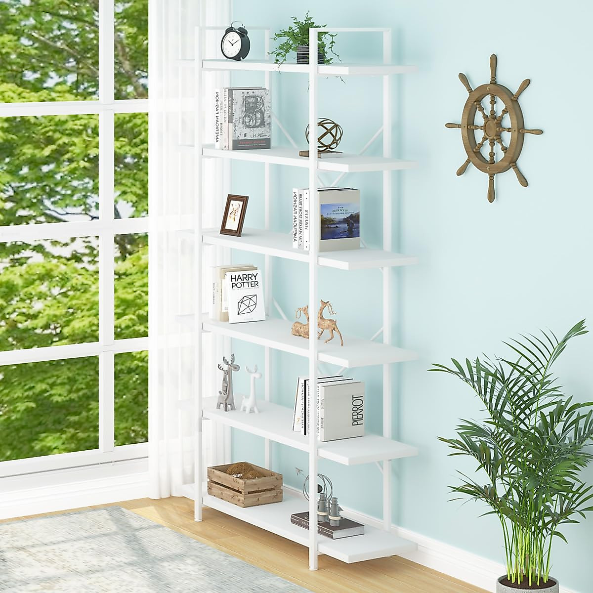 HSH 6 Tier Tall White Bookshelf, Industrial Modern Vertical Metal and Wood White Bookcases 6 Shelf,Farmhouse Open Large Storage Book Shelves & Display Book Shelf for Bedroom Living Room Office