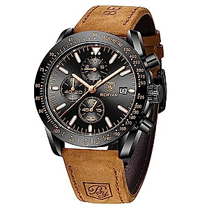 BY BENYAR Mens Watches Analog Quartz Chronograph Waterproof Luminous Watch for Men Business Work Sport Casual Fashion Brown Leather Band Dress Men's Wrist Watches Elegant Gifts for Men Father's Day