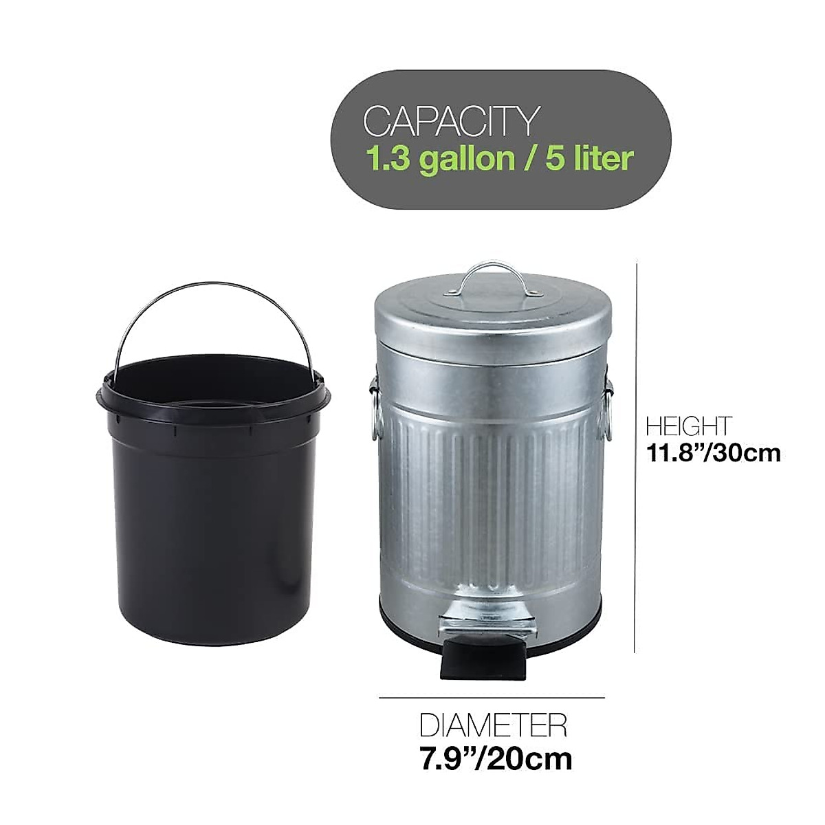 Bathroom Trash Can with Lid, Small Waste Basket for Home Bedroom, Retro Step Garbage Can with Soft Close, Vintage Office Trash Can, 5 Liter/ 1.3 Gallon, Glossy Grey