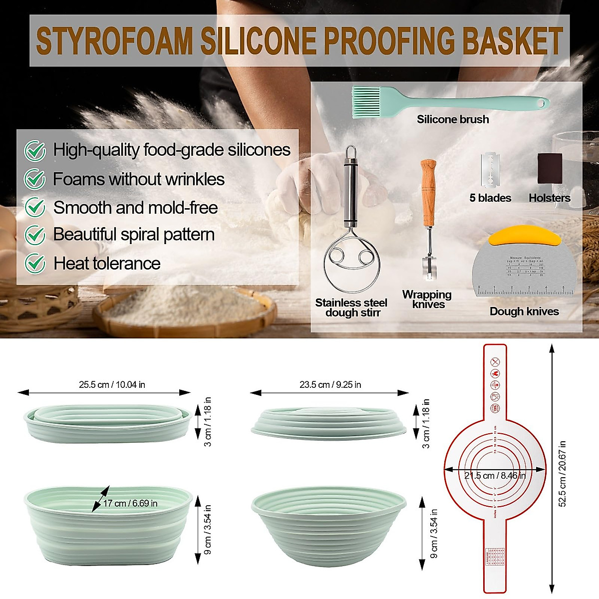 NCRexpanse Silicone Banneton Bread Proofing Basket Oval, Sourdough Starter Kit, Bread Making Tool Supplies Accessories, Bowl for Rising Baking Round Brotform Set Homemade Essentials (Light Green)
