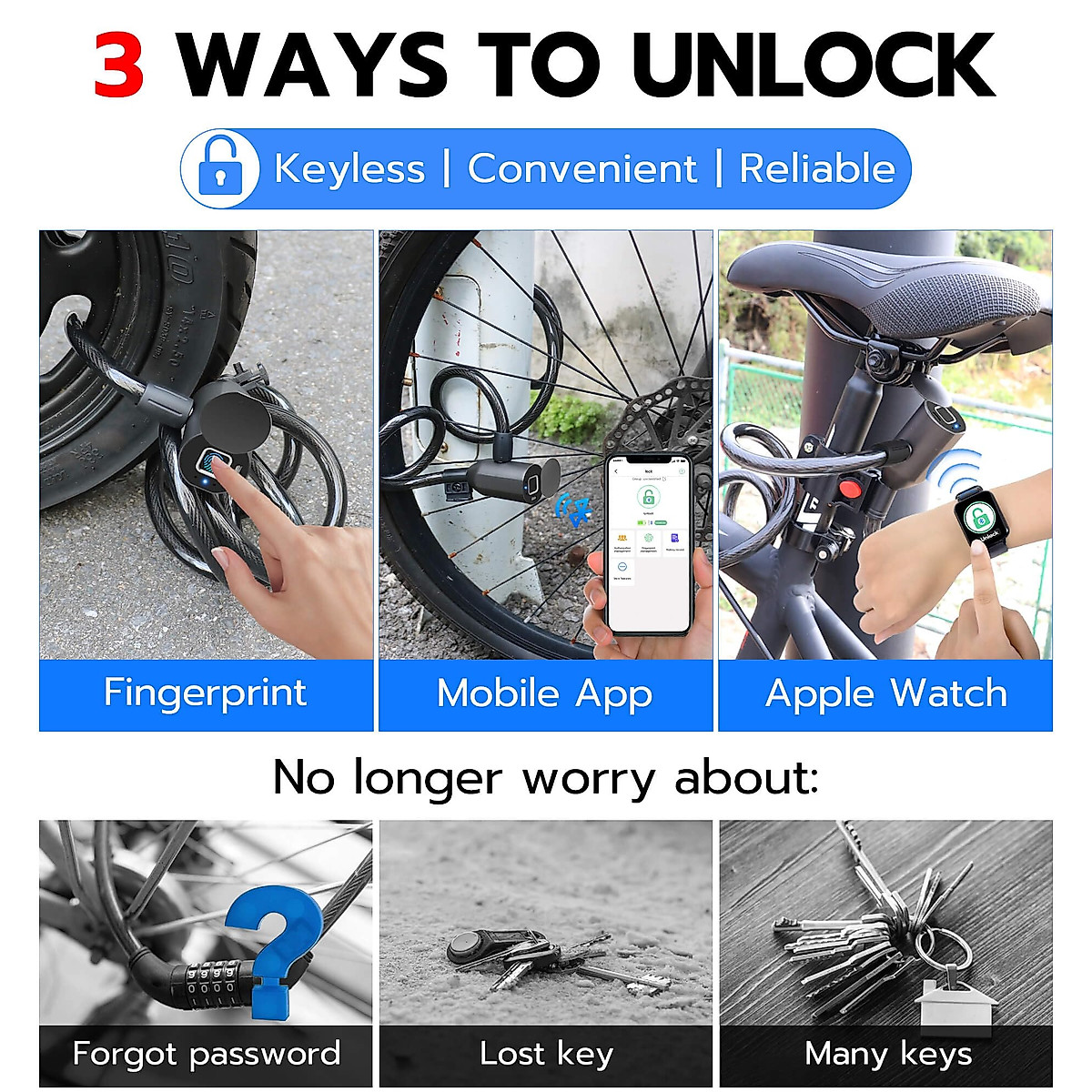 eLinkSmart Fingerprint Cable Lock, 4.9FT Long Heavy Duty Anti Theft Bike Lock, Weatherproof Keyless Electronic Digital Biometric Bluetooth Smart Lock for Bicycle Scooter Lawnmower Skateboard - Black