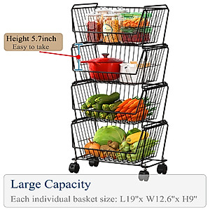 PUSDON 4-Tier Stackable Metal Storage Baskets, Anti-Rust Fruit Vegetable Rack, Dual Use Shelf for Kitchen, Home & Office, Black