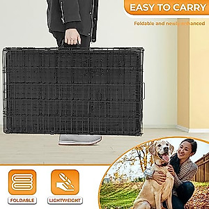 PayLessHere Large Dog Crate Kennel for Medium Large Dogs Metal Dog Cage Double-Door Folding Travel Indoor Outdoor Puppy Playpen with Divider and Handle Plastic Tray (42 Inch, Black)