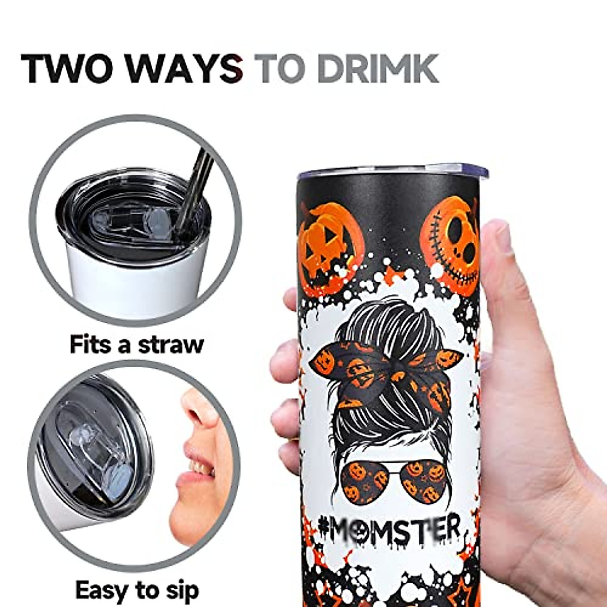 Ceovfoi Halloween Pumpkin Tumbler with Lid and Straw,Gothe 20oz Skinny Tumbler Coffee Travel Mug Cups Halloween Decor