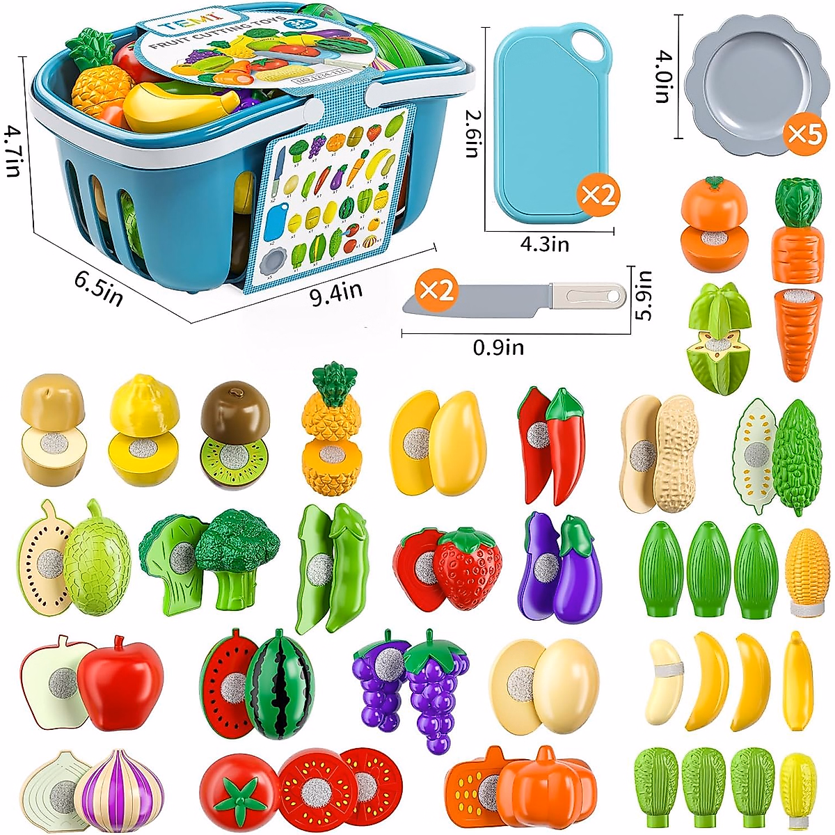 TEMI 70 Pieces Cutting Play Food Toy for Kids Kitchen - Pretend Fruit and Vegetables Accessories Toys for 3 4 5 6 Girls with Storage, Dishes and Knife, Educational Kitchen Toy for Toddlers Age 3-5