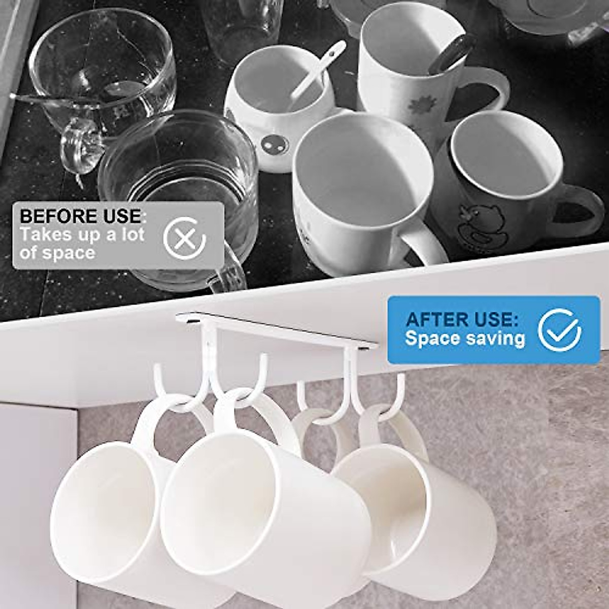 Mug Rack Under Cabinet - Coffee Cup Holder, 12 Mugs Hooks Under Shelf, Display Hanging Cups Drying Hook for Bar Kitchen Utensils White