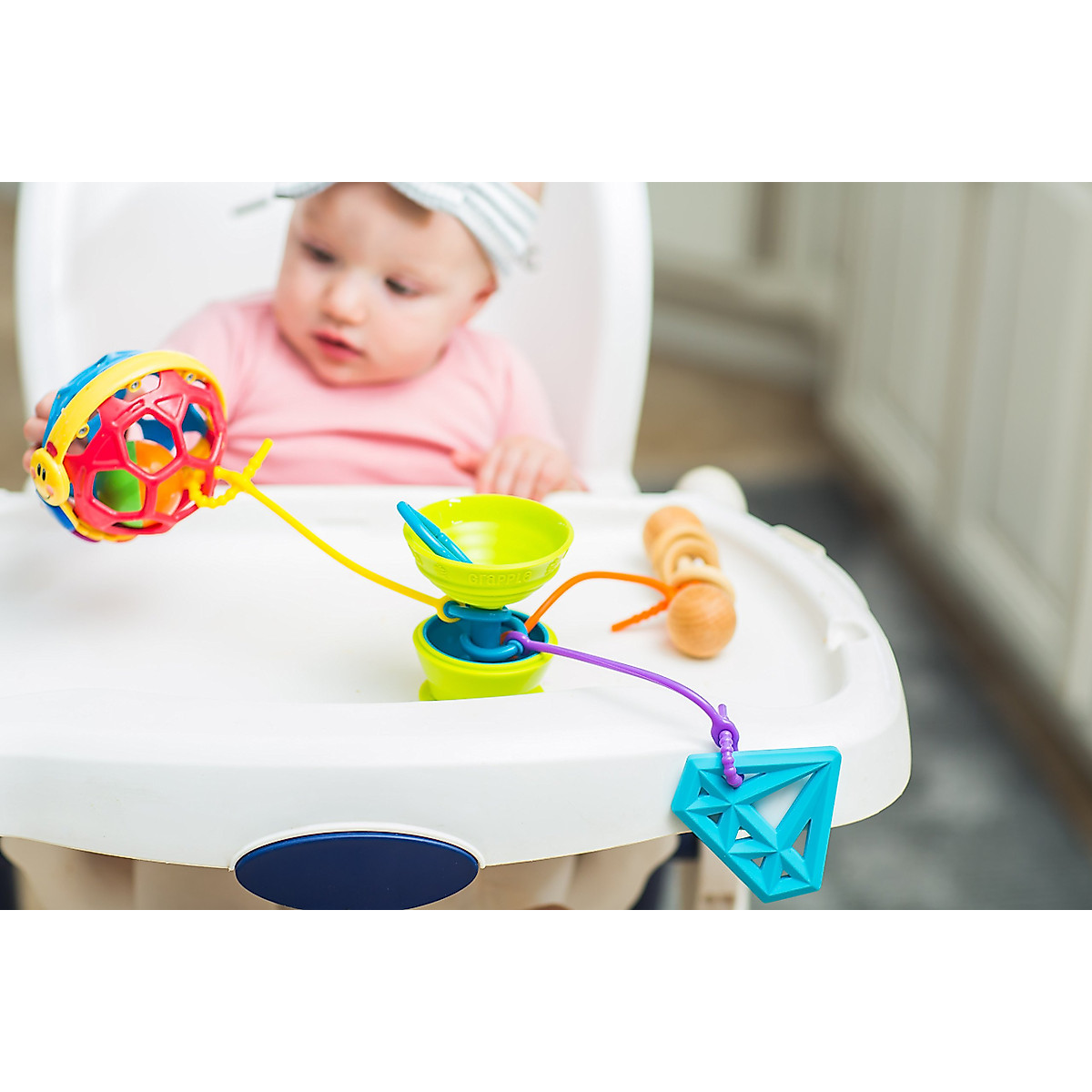 Grapple Suction Cup High Chair Toys Holder | 3 Toy Tethers Keep Toys from Falling | Holds Teethers, Toys, Snack Cups | for Babies 6-12 Months | Perfect for Travel and Restaurant