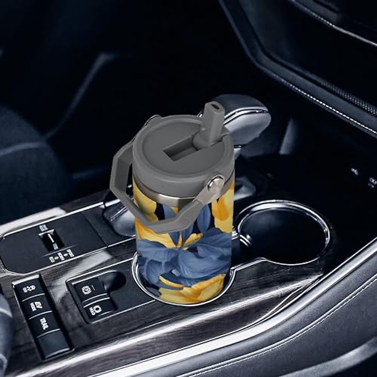 30oz Stainless Steel Insulated Tumbler with Flip Lid & Straw, Leakproof Travel Mug for Car, Blue Base Yellow Floral Double Wall Vacuum Thermal Coffee Cup with Handle, Spill-Proof Design for Hot/Cold D